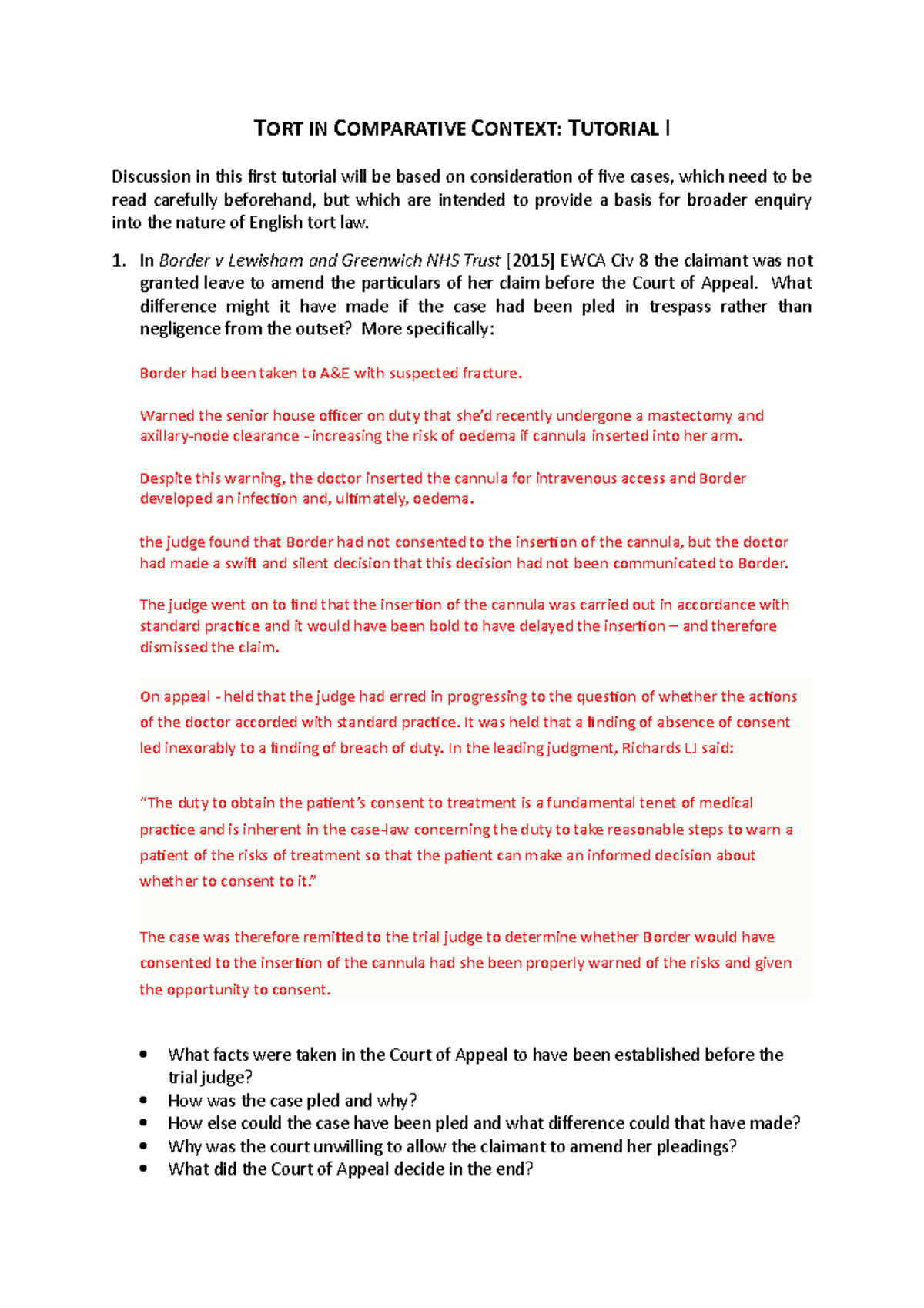 Tutorial 1 - TORT IN COMPARATIVE CONTEXT: TUTORIAL I Discussion in this first tutorial will be ...