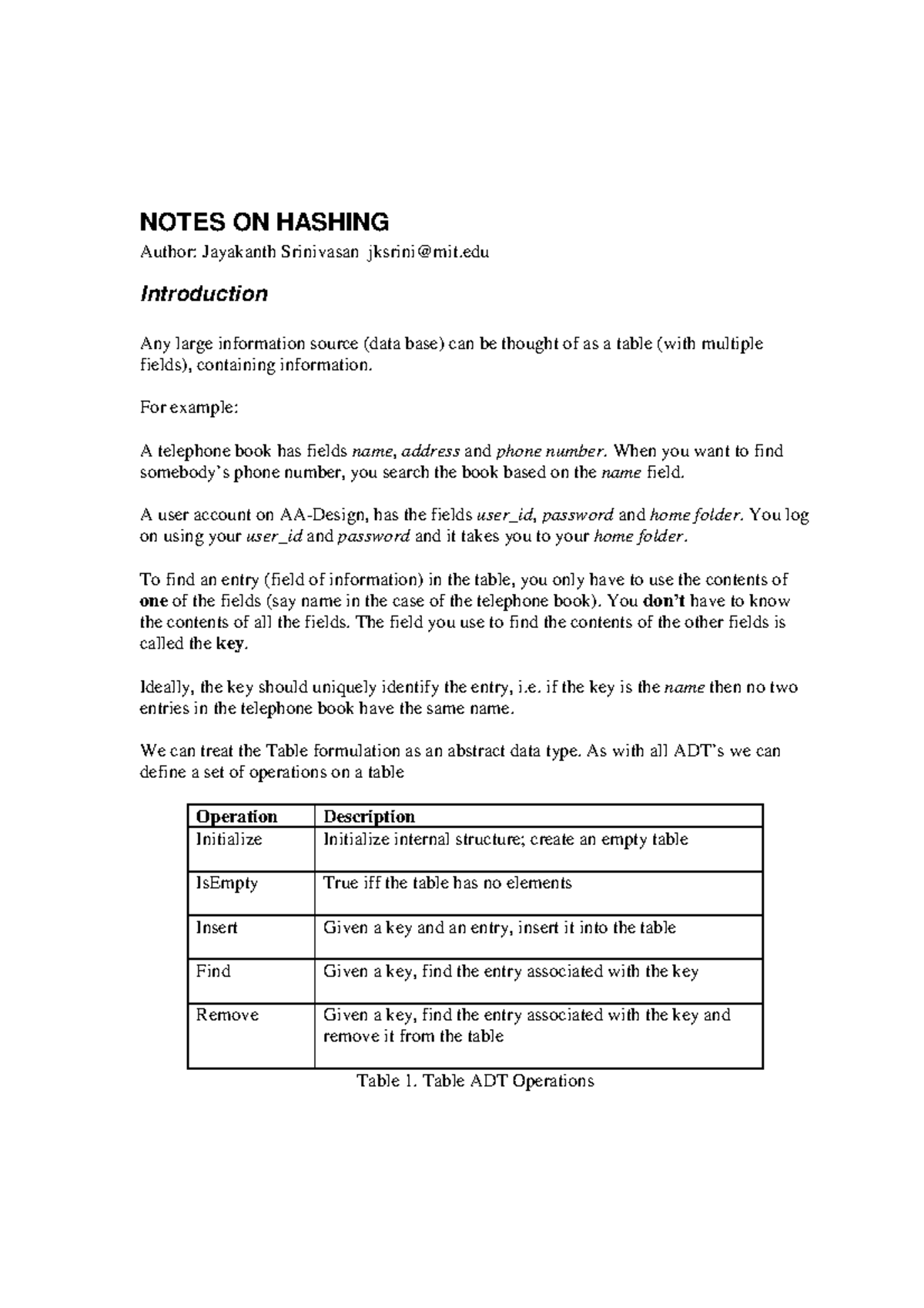 Hashing Lecture Notes 1 Notes On Hashing Author Jayakanth Srinivasan Jksrinimit