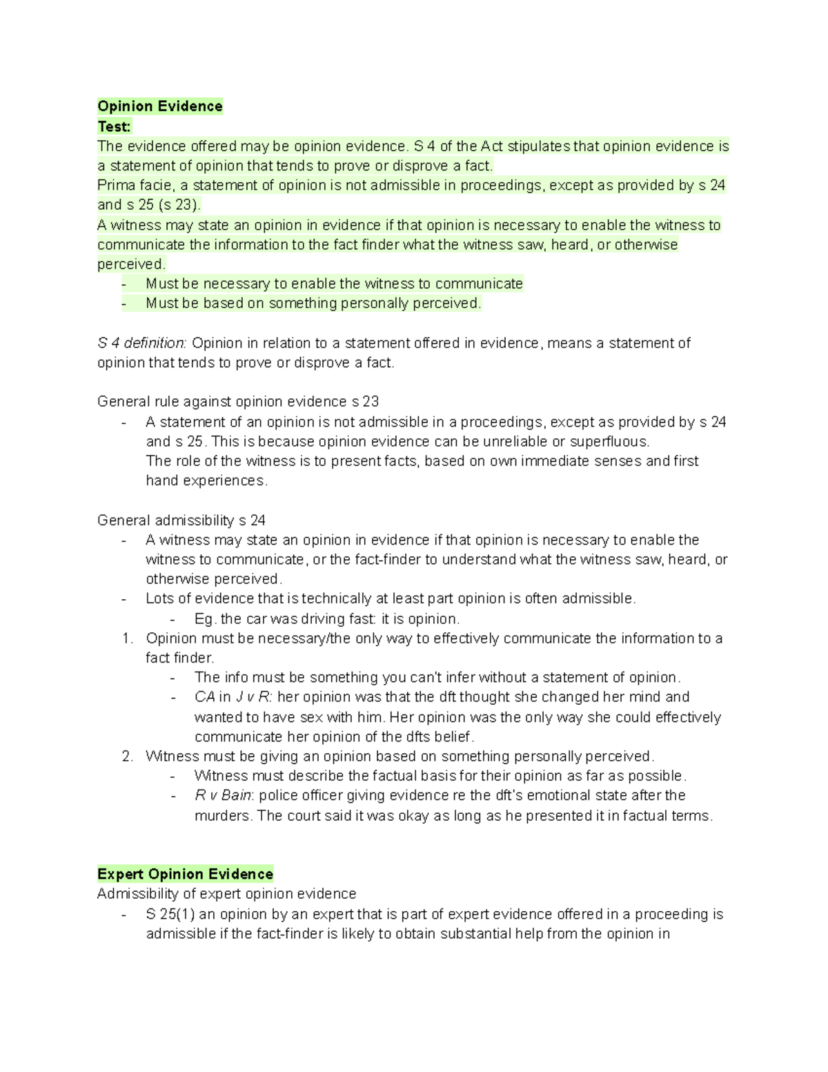 LAWS380 - Cheat sheet for final exam. - Opinion Evidence Test: The ...