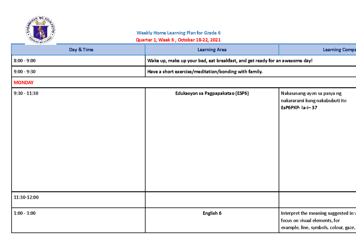 Grade 6 ALL Subjects WHLP Q1 W6 - Weekly Home Learning Plan for Grade 6 ...