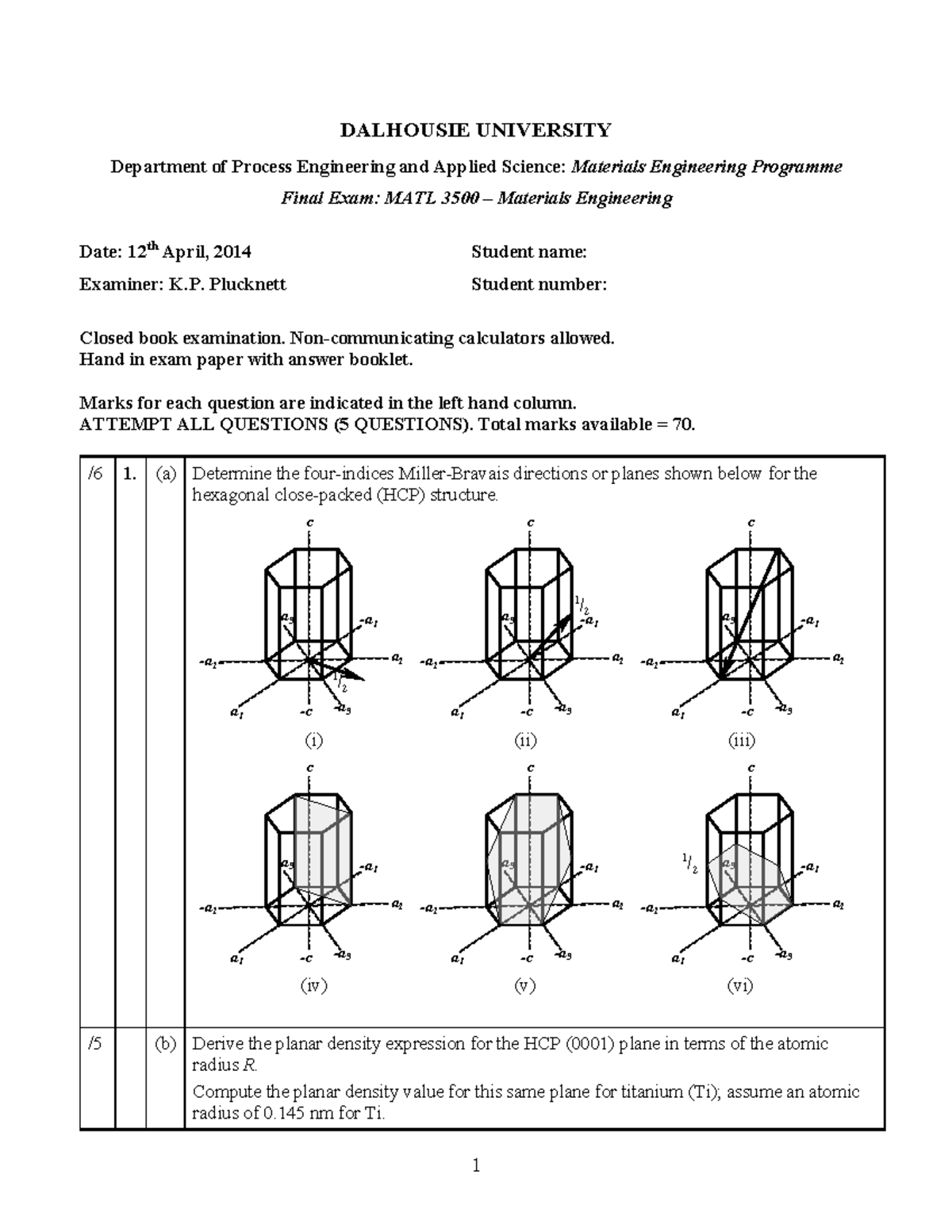 Materials Final Exam 2014 - DALHOUSIE UNIVERSITY Department of Process ...