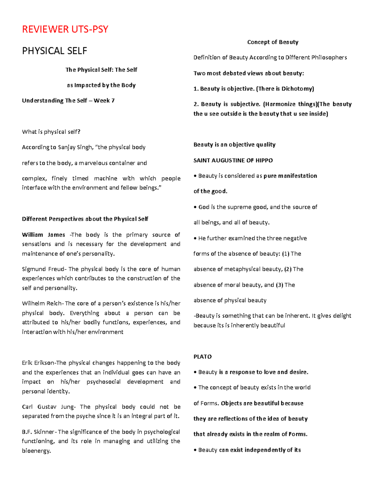 PSY- Reviewer - REVIEWER UTS-PSY PHYSICAL SELF The Physical Self: The Self as Impacted by the ...