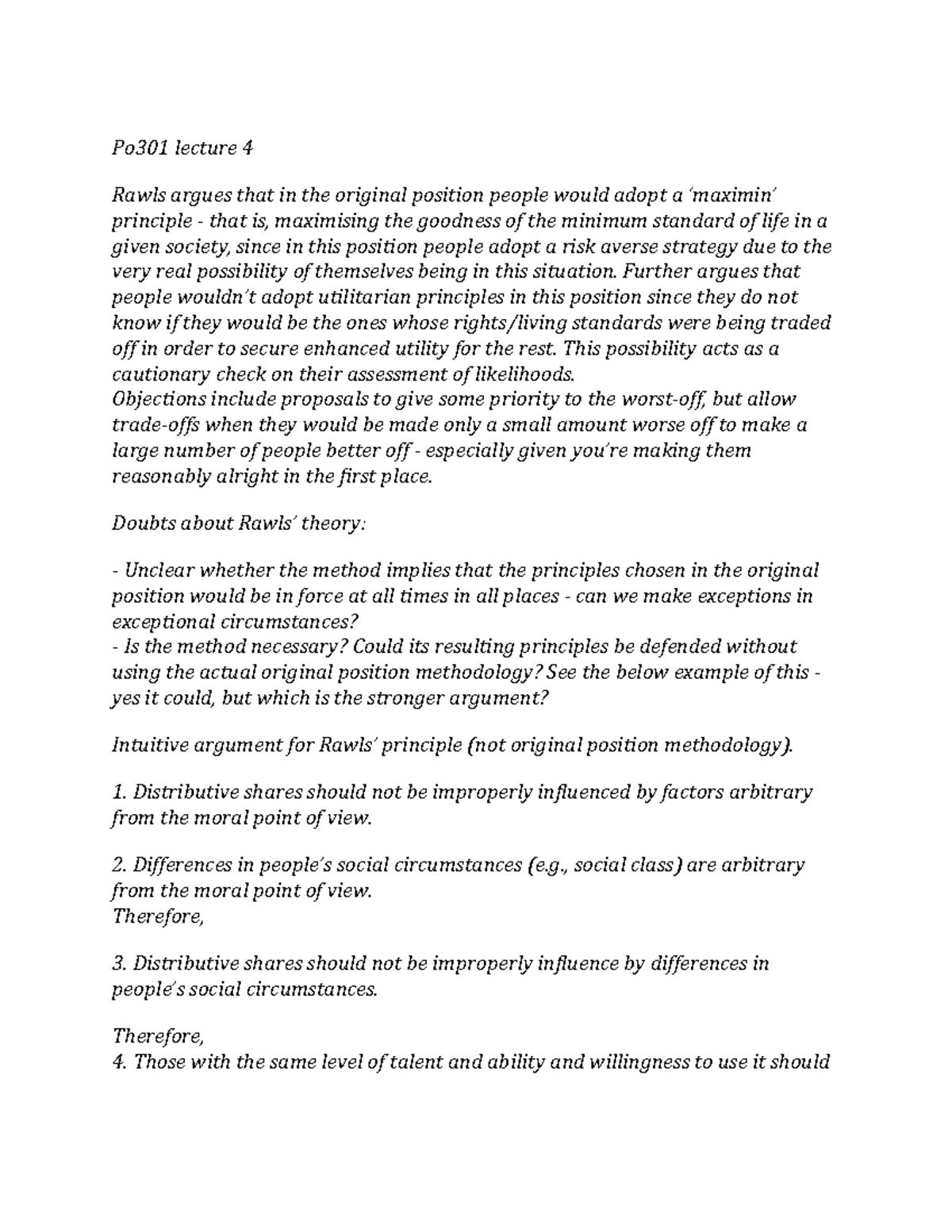 Po301 lecture 4 - legal notes - Po301 lecture 4 Rawls argues that in ...