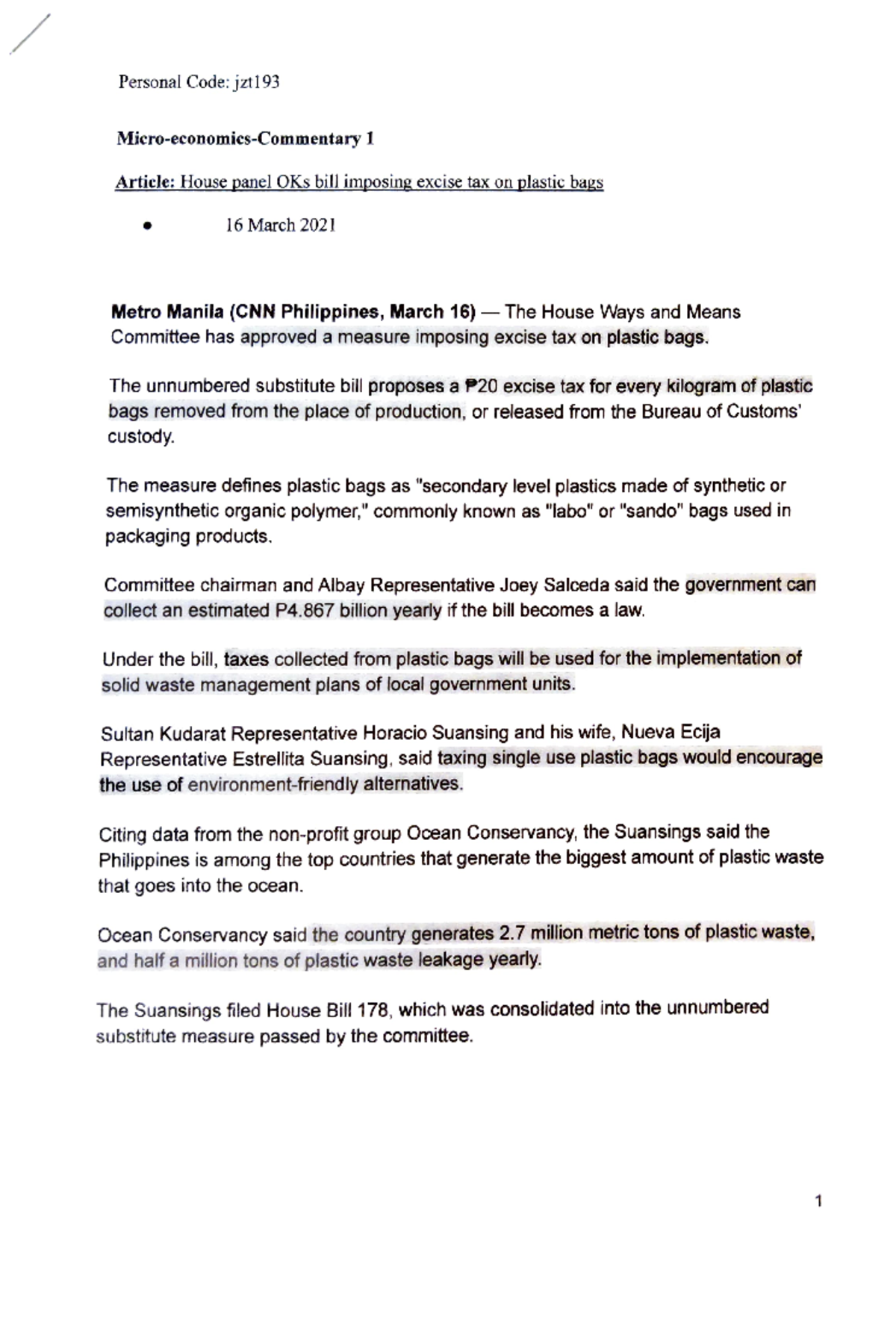 Econ IA example - / Personal Co de: jzt 193 Micro-e conomics-Commenta ...