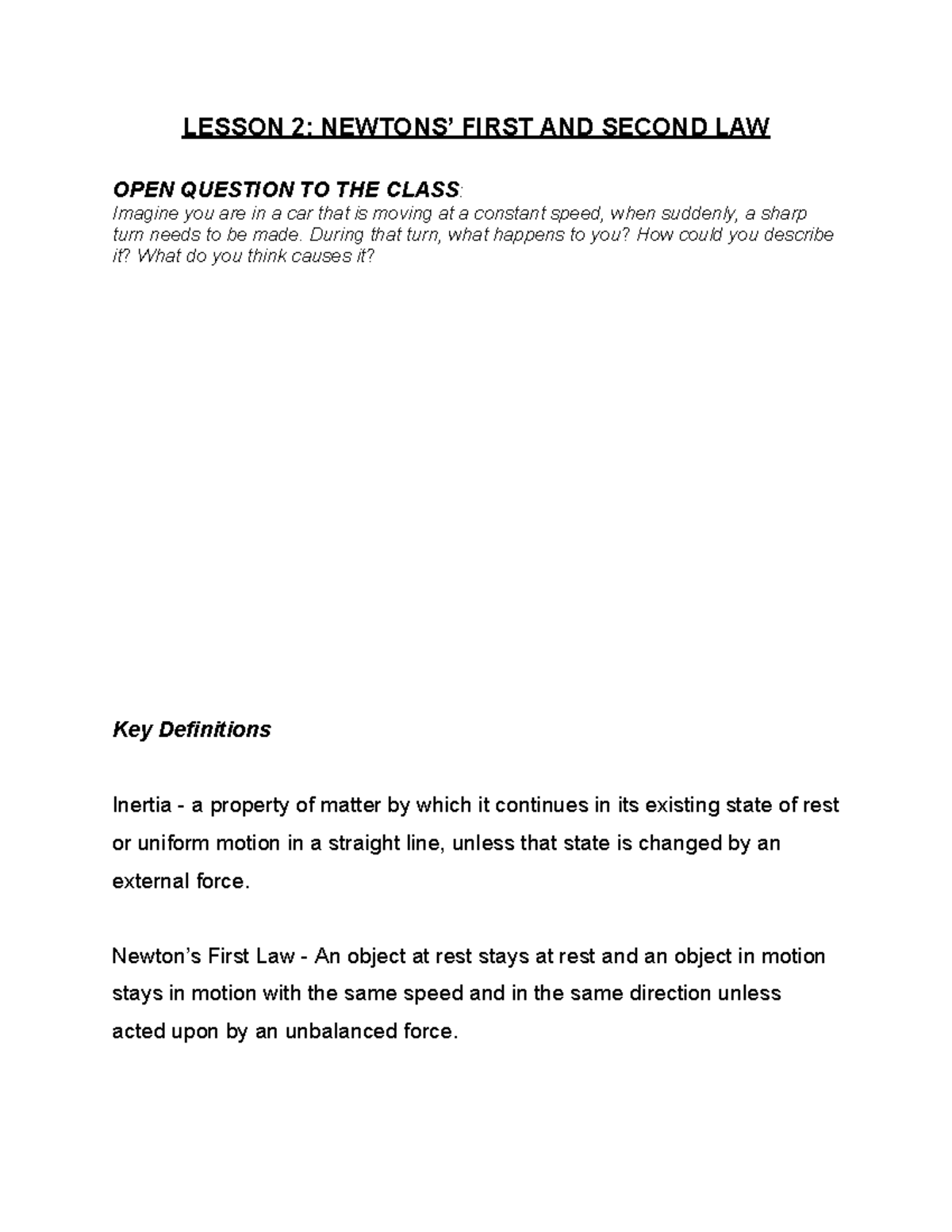 Lesson 2 Newton'S 1st and 2ND LAW new - LESSON 2: NEWTONS’ FIRST AND ...
