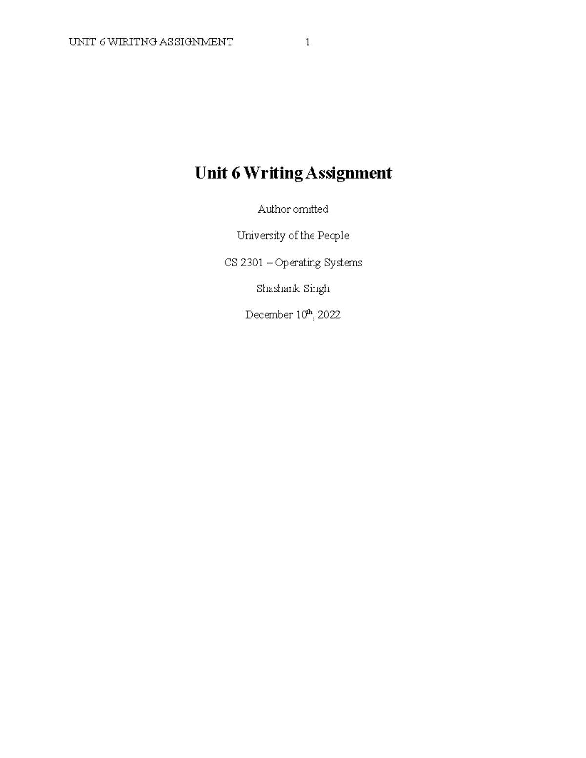 Written Assignment Unit 6 Unit 6 Writing Assignment Author Omitted University Of The People Cs