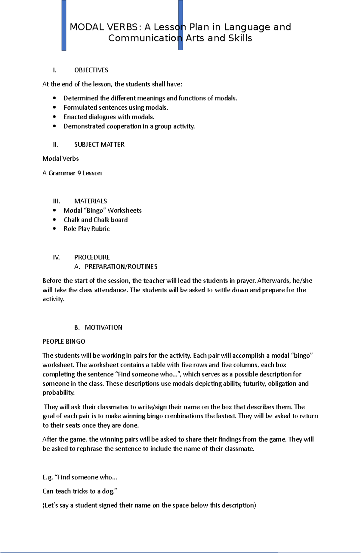 Lesson Plan on Modals - MODAL VERBS: A Lesson Plan in Language and ...