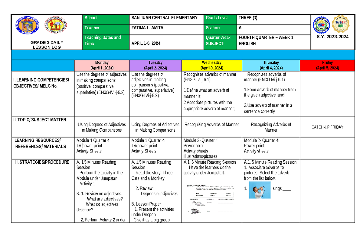 English DLL Q4 WEEK 1 - DAILY LESSON LOG - GRADE 3 DAILY LESSON LOG ...