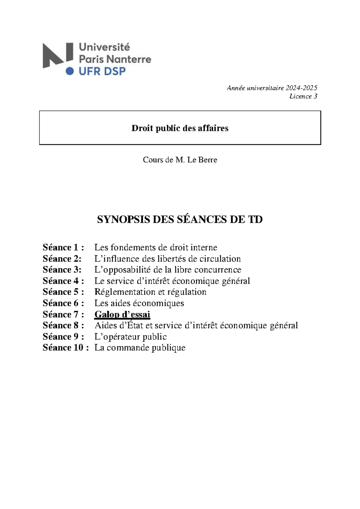 Fascicule TD 2024-2025 - Année universitaire 20 24 - 2025 Licence 3 Droit public des affaires ...