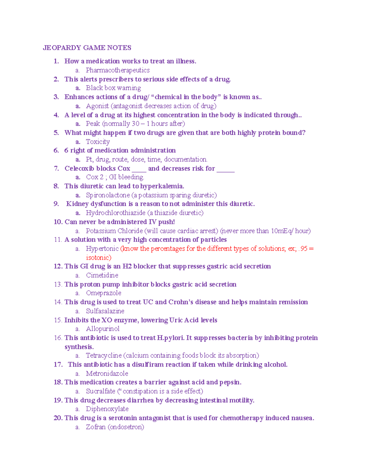 Jeopardy Final - JEOPARDY GAME NOTES How a medication works to treat an ...