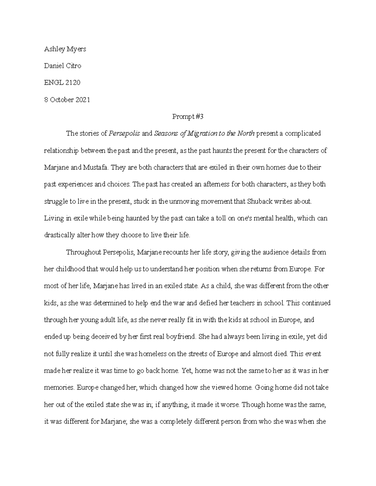 LIT Midterm - Ashley Myers Daniel Citro ENGL 2120 8 October 2021 Prompt ...