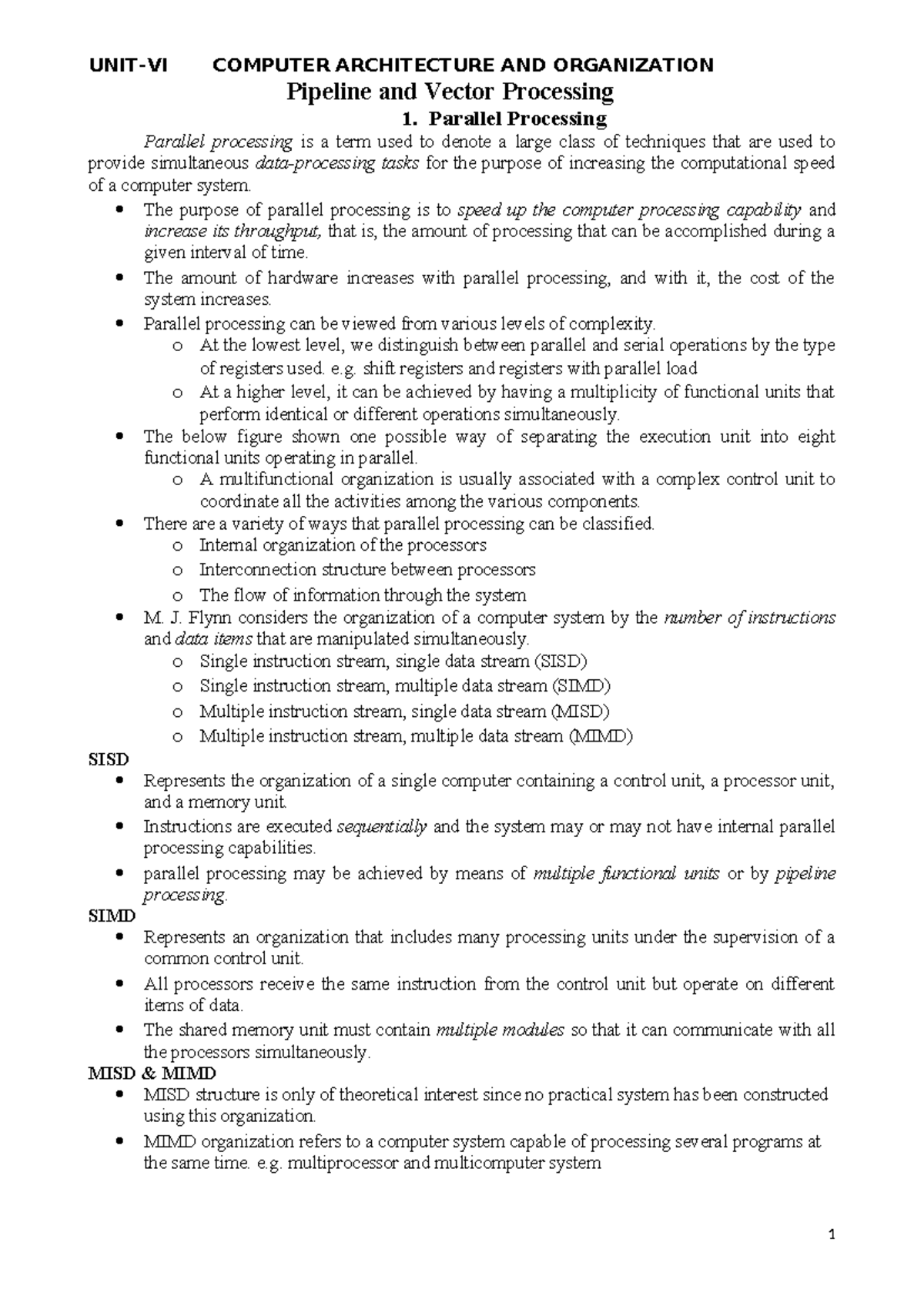 CAO Unit-VI - Material - Pipeline and Vector Processing 1. Parallel Processing Parallel ...