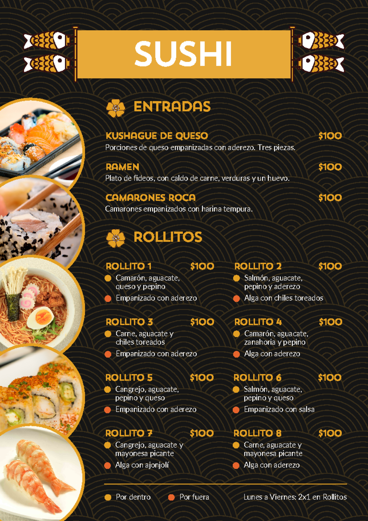 Menú Restaurante de Sushi Moderno Negro y Dorado - SUSHI Entradas ...