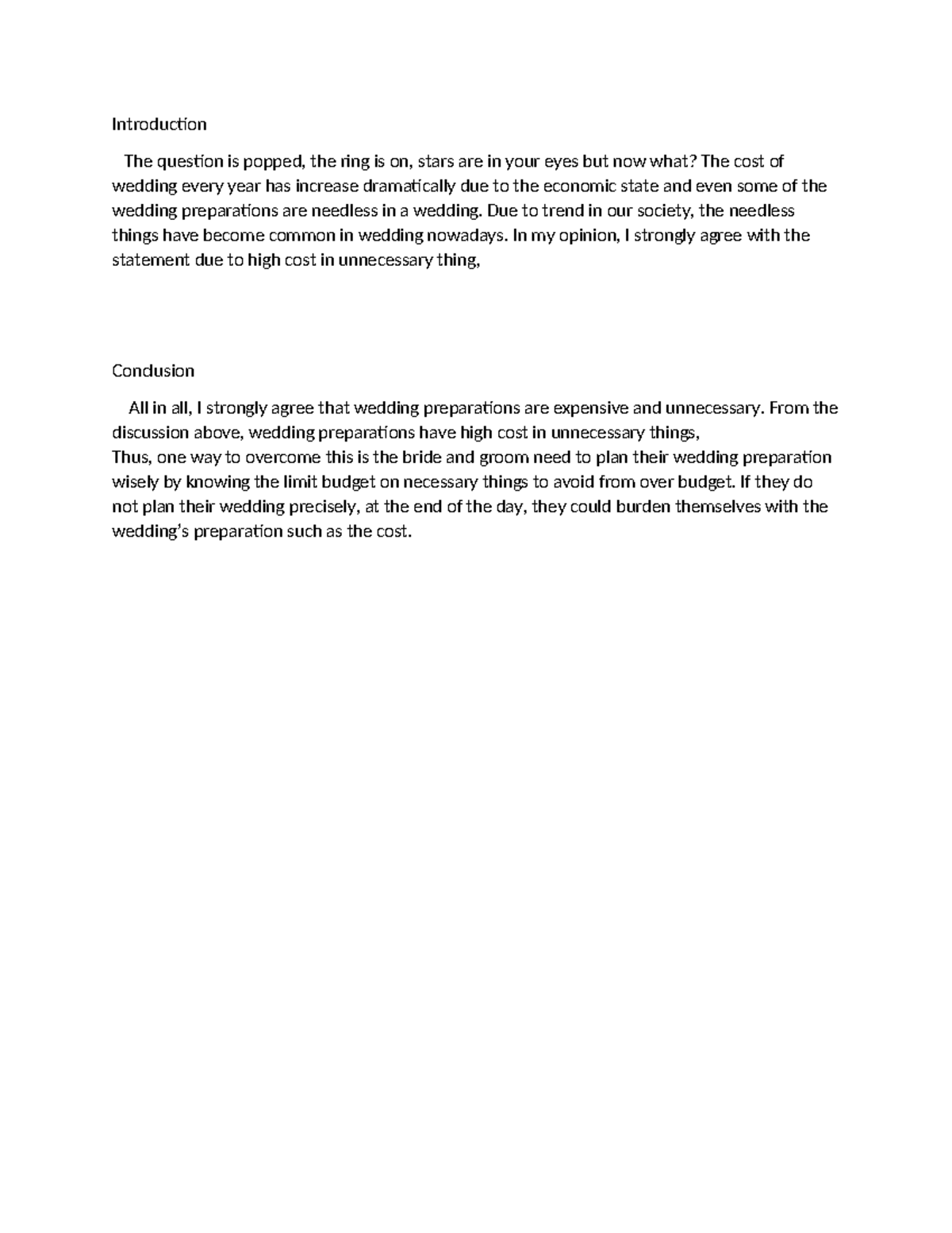 English essay - Introduction The question is popped, the ring is on ...