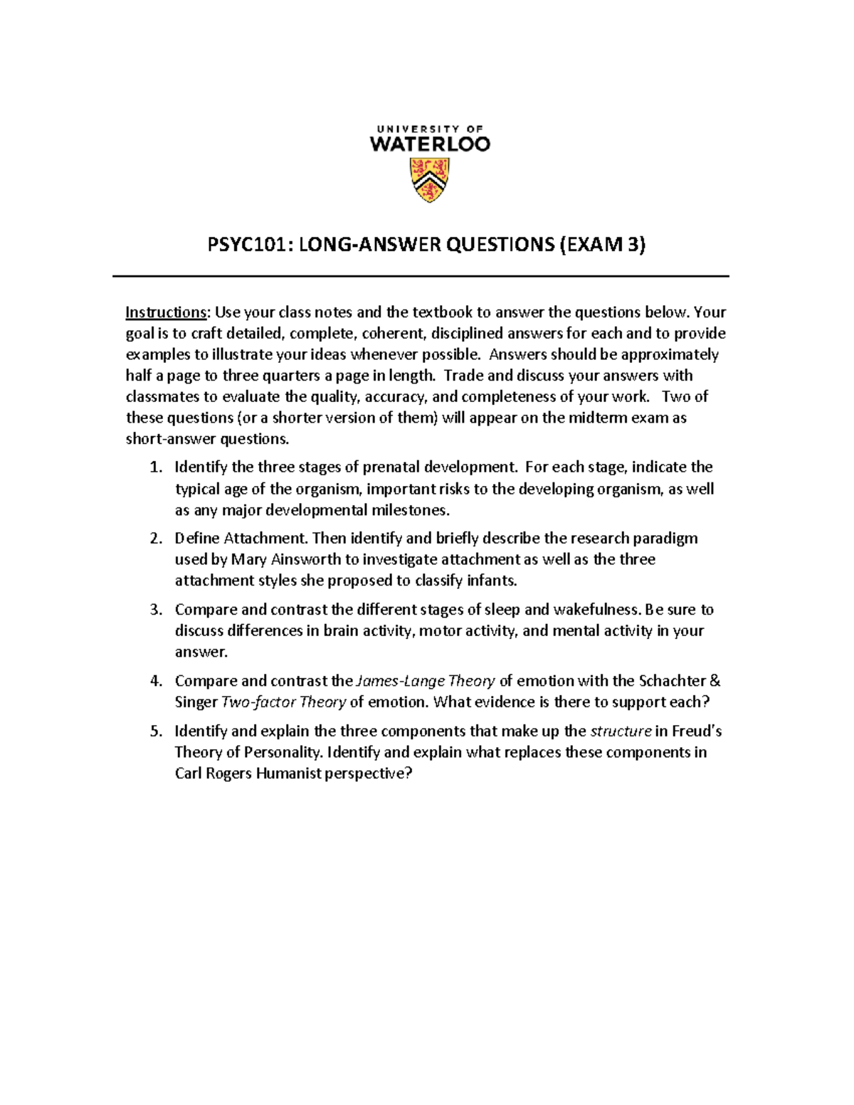 Exam 25 November 2016, questions - PSYC101: LONG-ANSWER QUESTIONS (EXAM ...