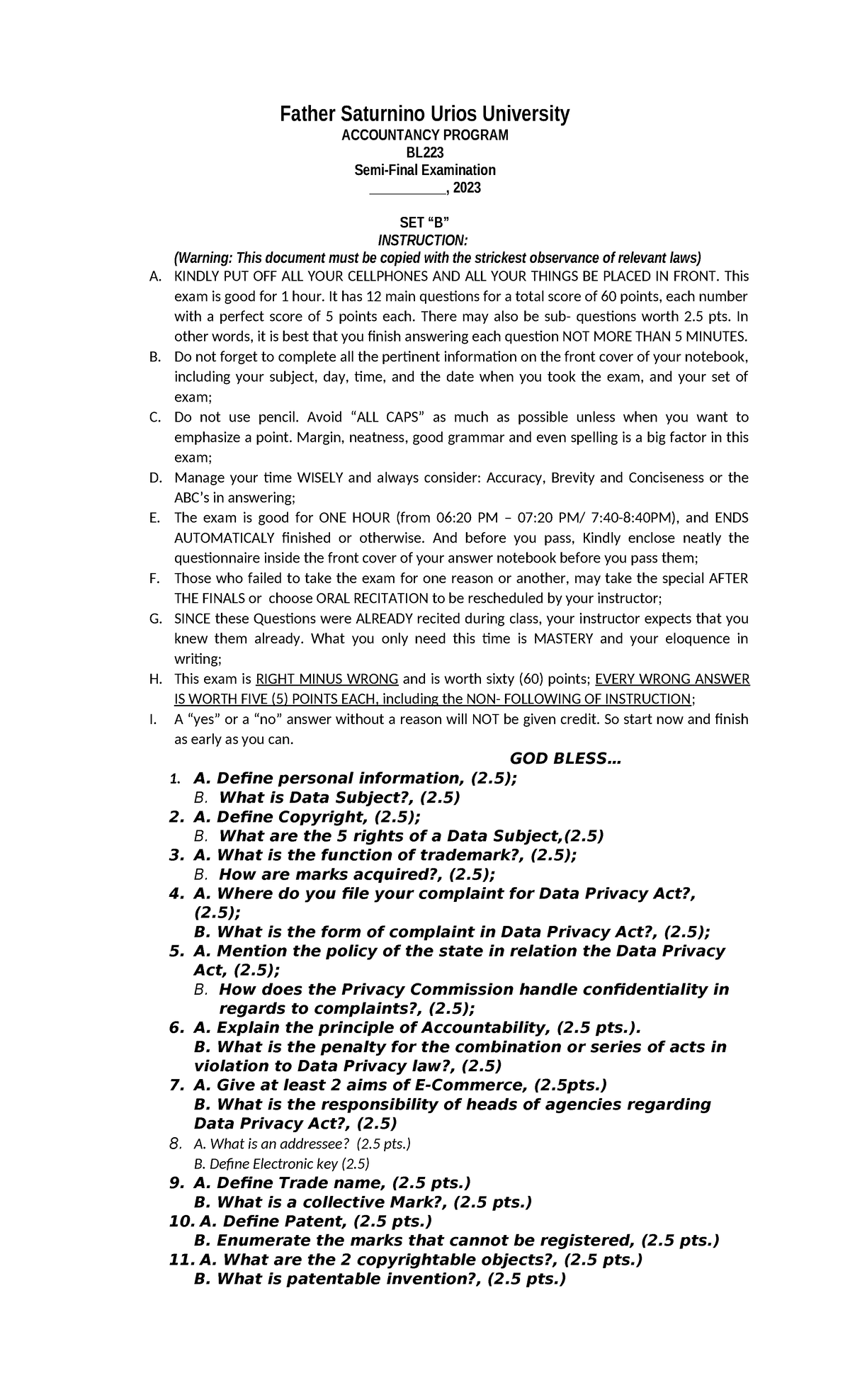 Semi Exam for BL 223 MT 6 - Father Saturnino Urios University ...