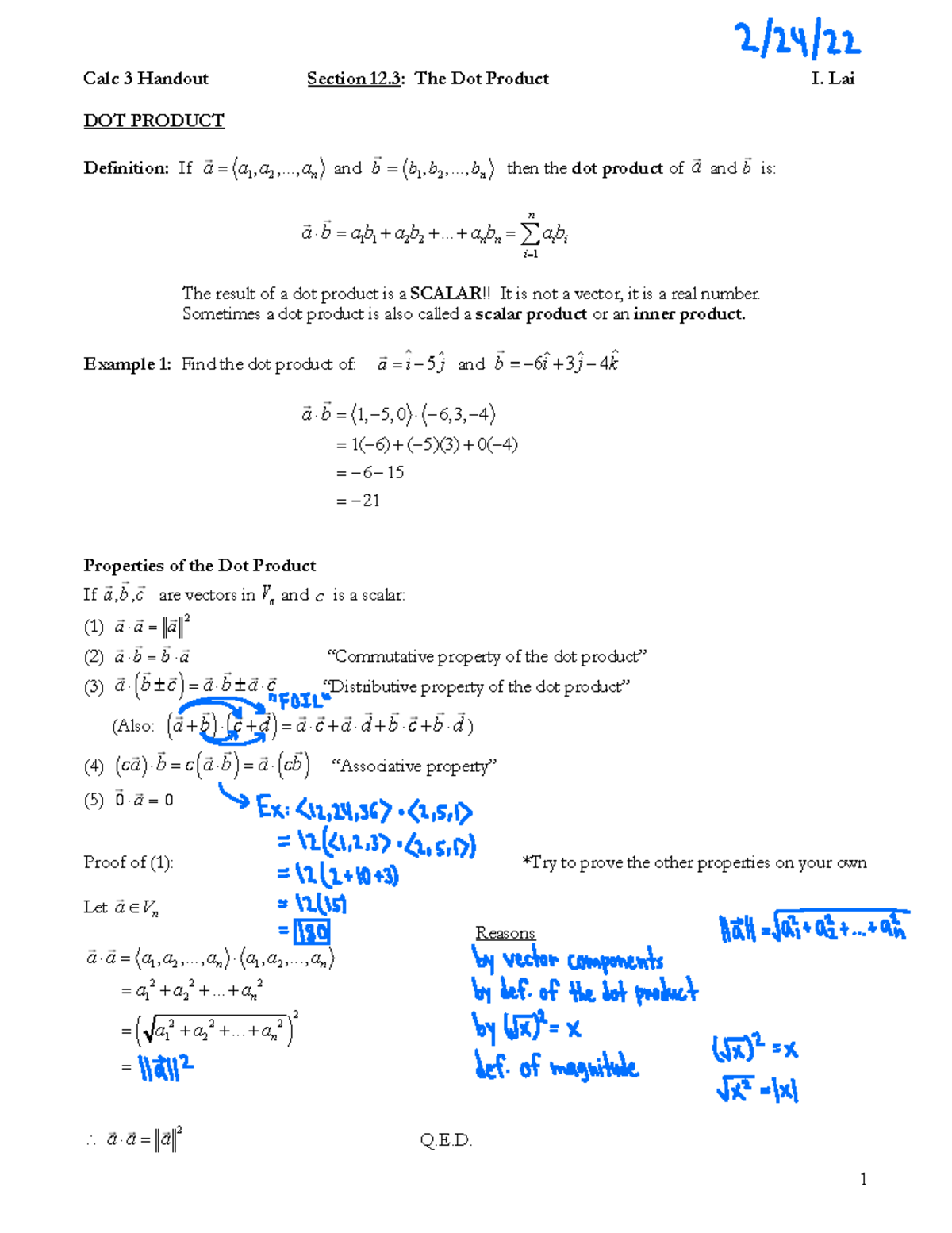 The Dot Product Lesson 12.3 - 1 Calc 3 Handout Section 12: The Dot ...