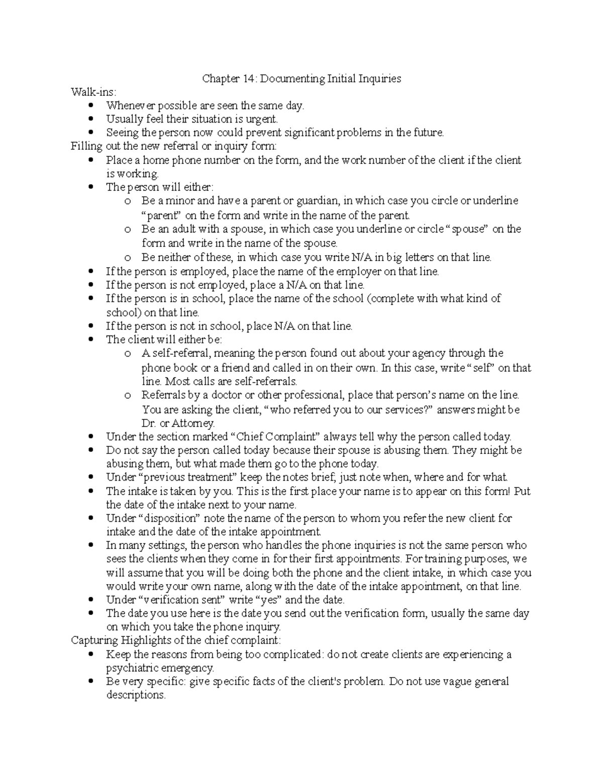 Case management-Chapter 14 and 15 - Chapter 14: Documenting Initial Inquiries Walk-ins: Whenever ...