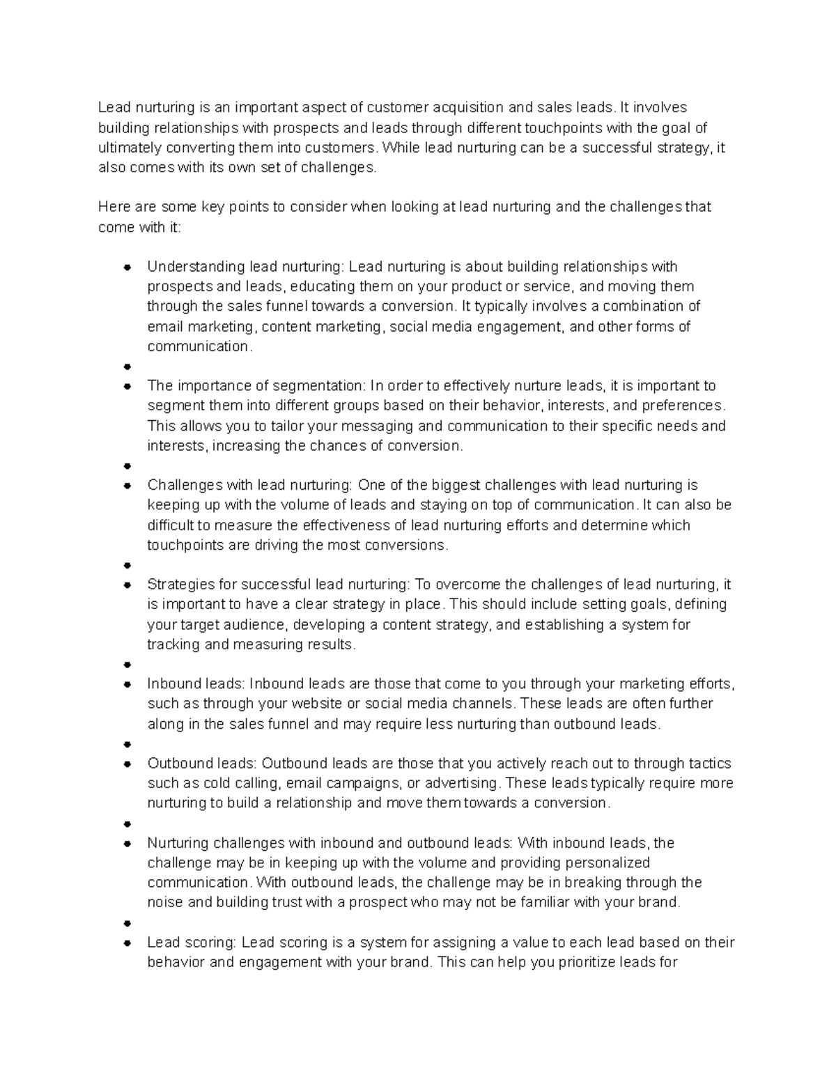 Sales notes 9 - Lead nurturing is an important aspect of customer ...