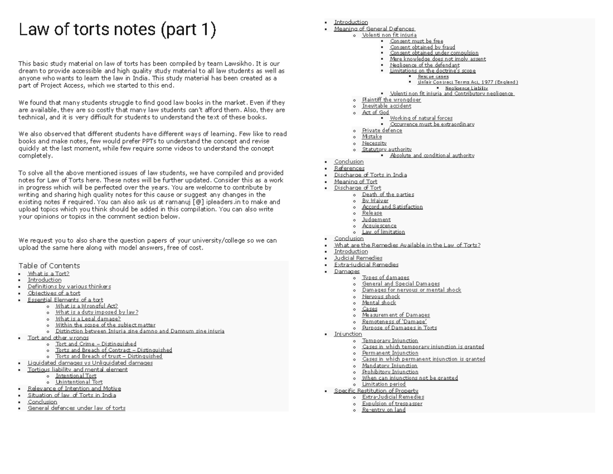 Tort - pfd - Law of torts notes (part 1) This basic study material on ...