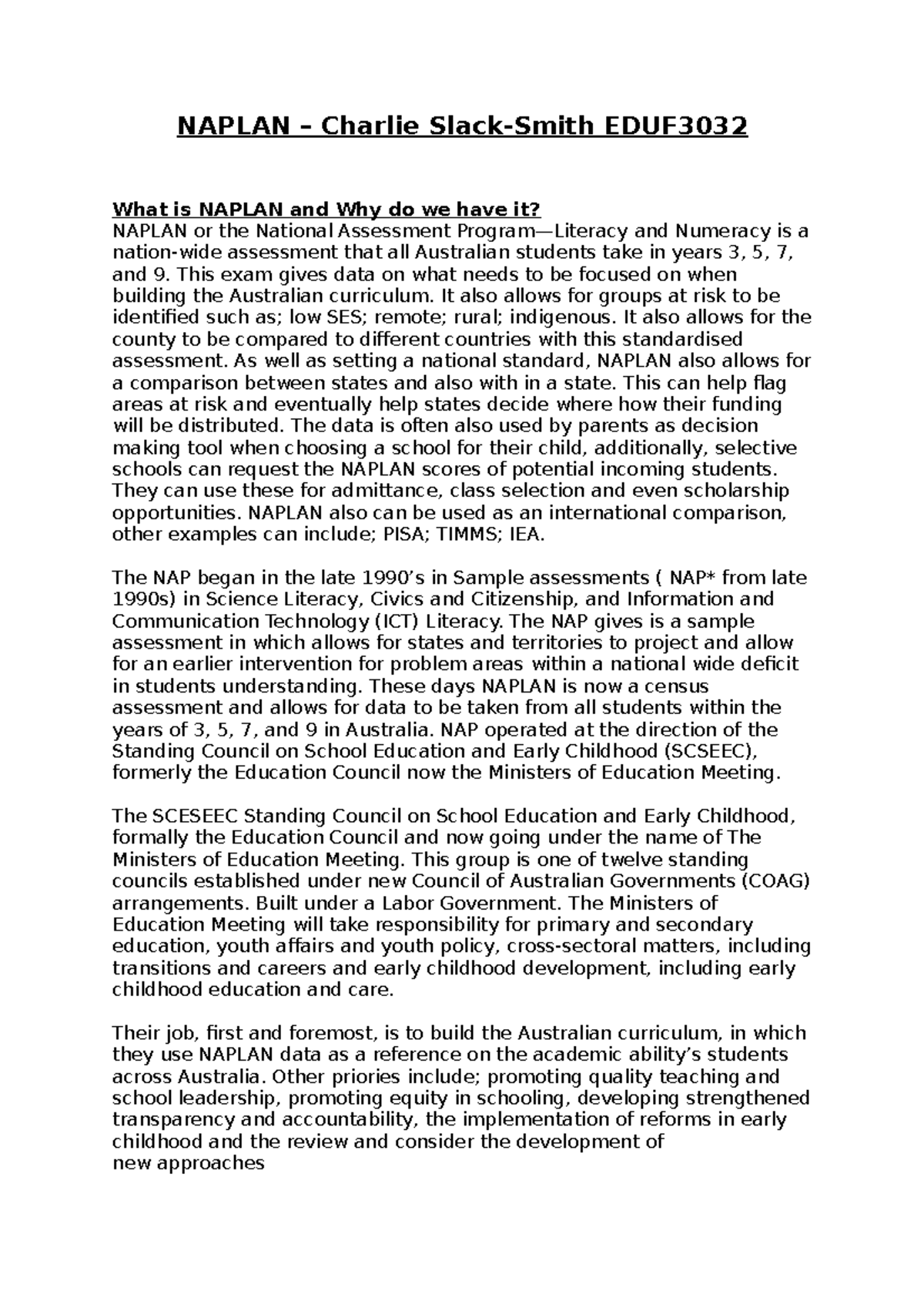 Naplan - Presentation script - NAPLAN – Charlie Slack-Smith EDUF What is NAPLAN and Why do we ...