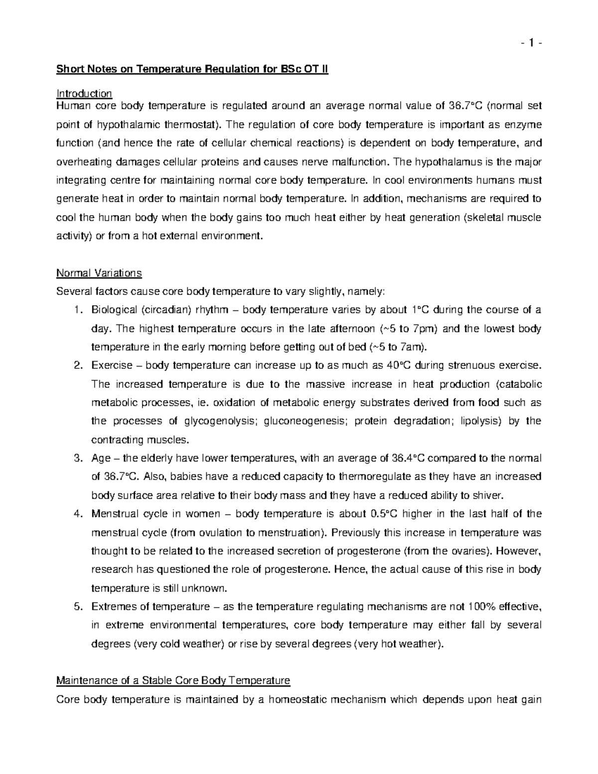 OT - Temperature Regulation short notes 2022 - Short Notes on ...