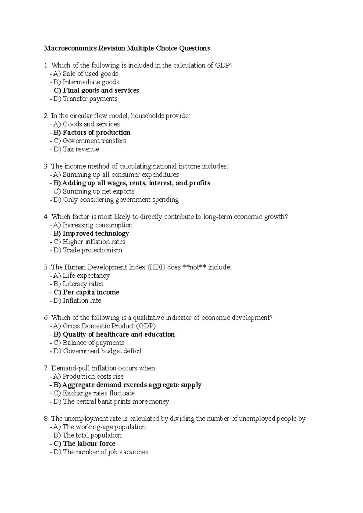 Macroeconomics Revision Multiple Choice Questions - Scenario: A country ...