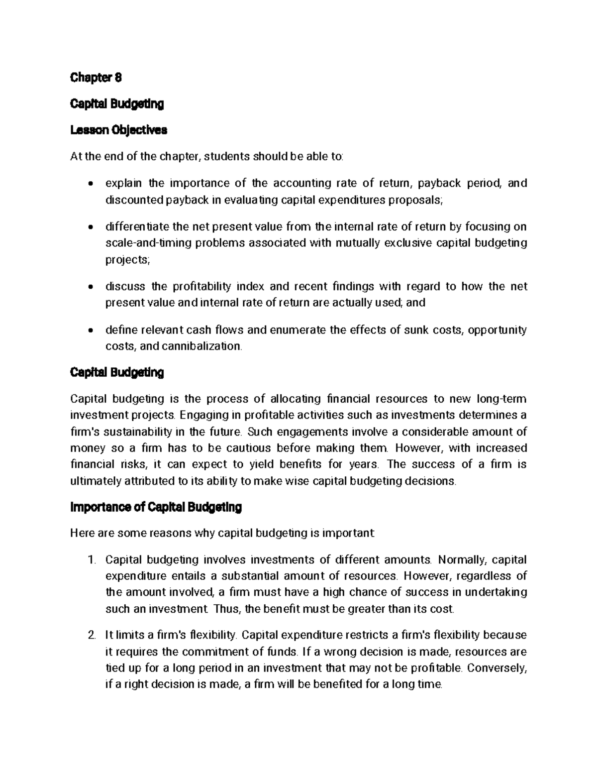 Chapter 8 - Financial Management Part II - Chapter 8 Capital Budgeting ...