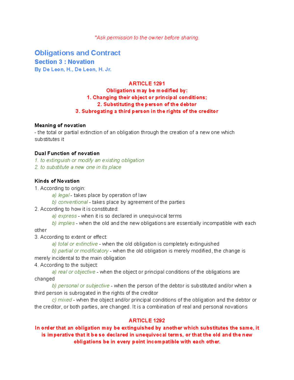 Obli Con (1291 - 1304) - Summary The Law on Obligations and Contracts - *Ask permission to the ...