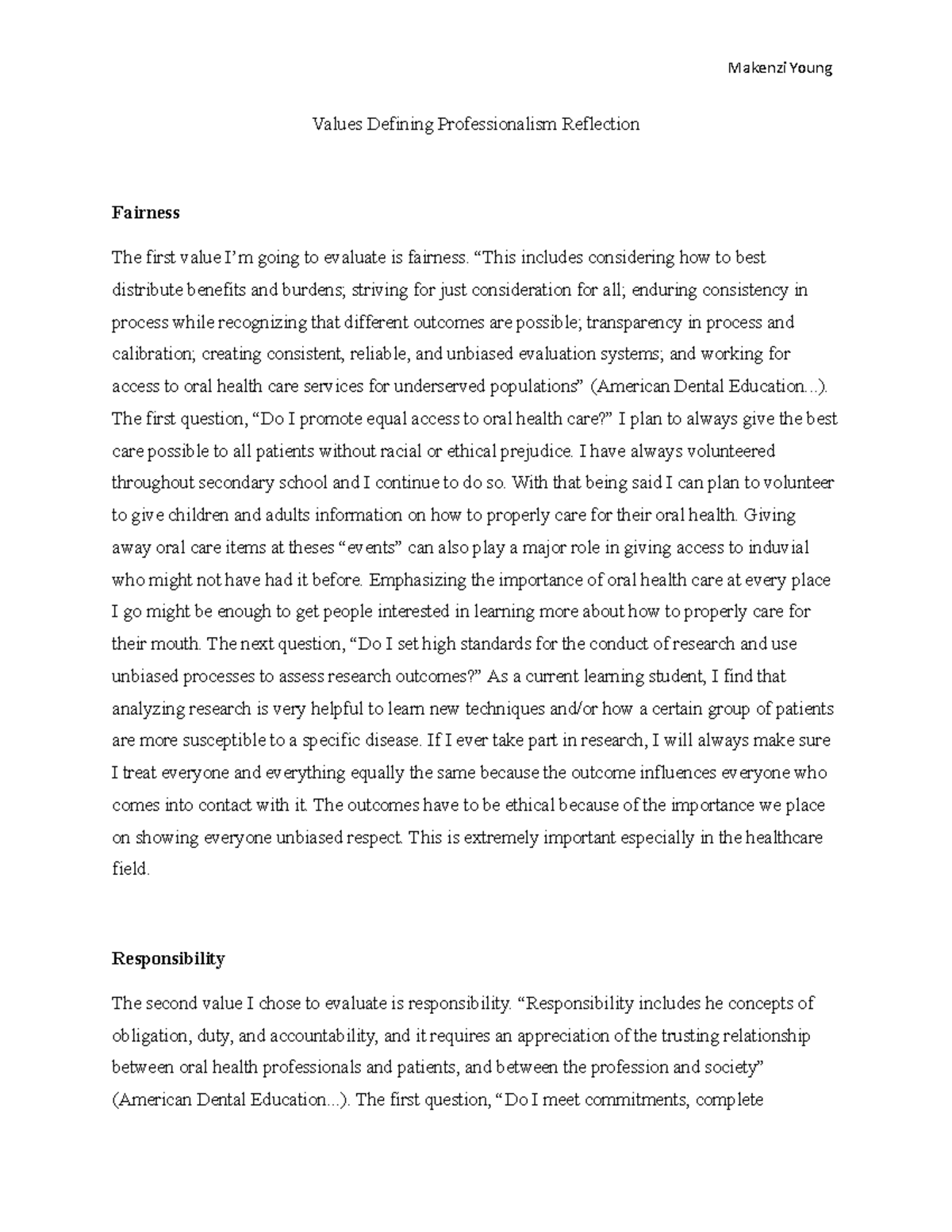 Ethics - Values Defining Professionalism - Makenzi Young Values ...