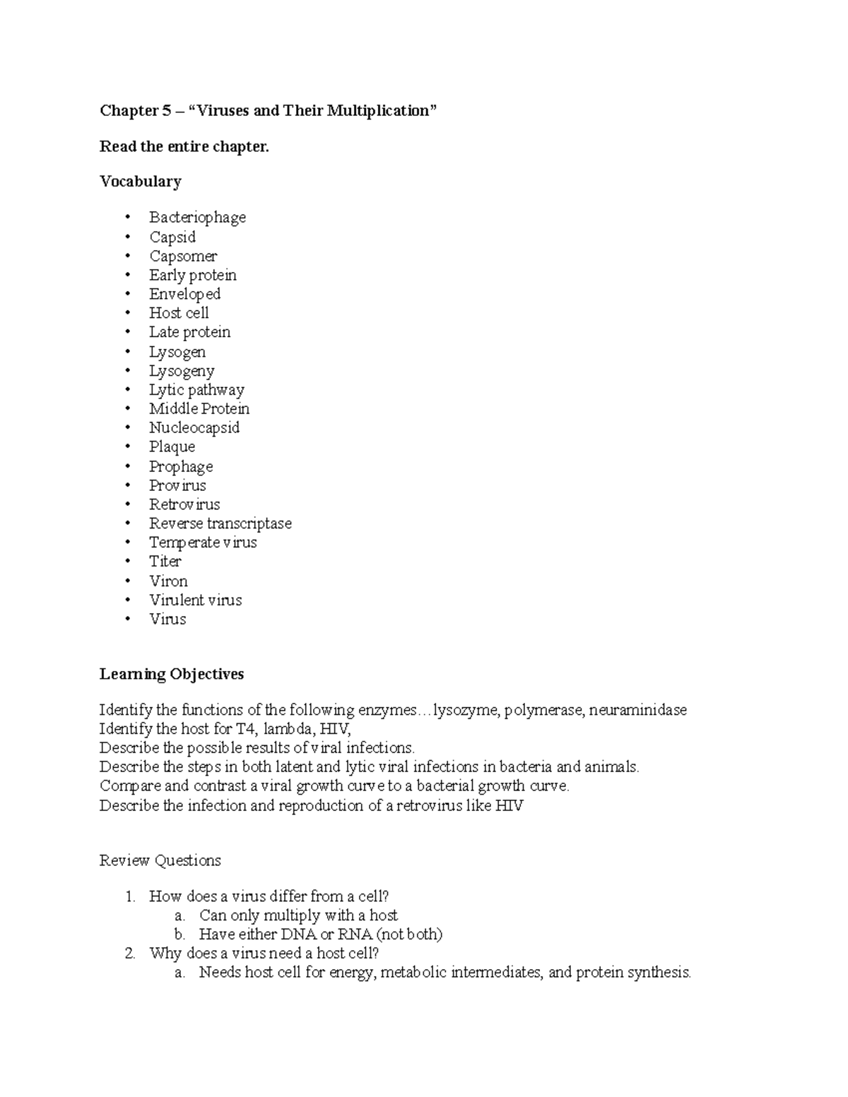 Chapter 5 - Study Guide - Chapter 5 – “Viruses and Their Multiplication” Read the entire chapter ...