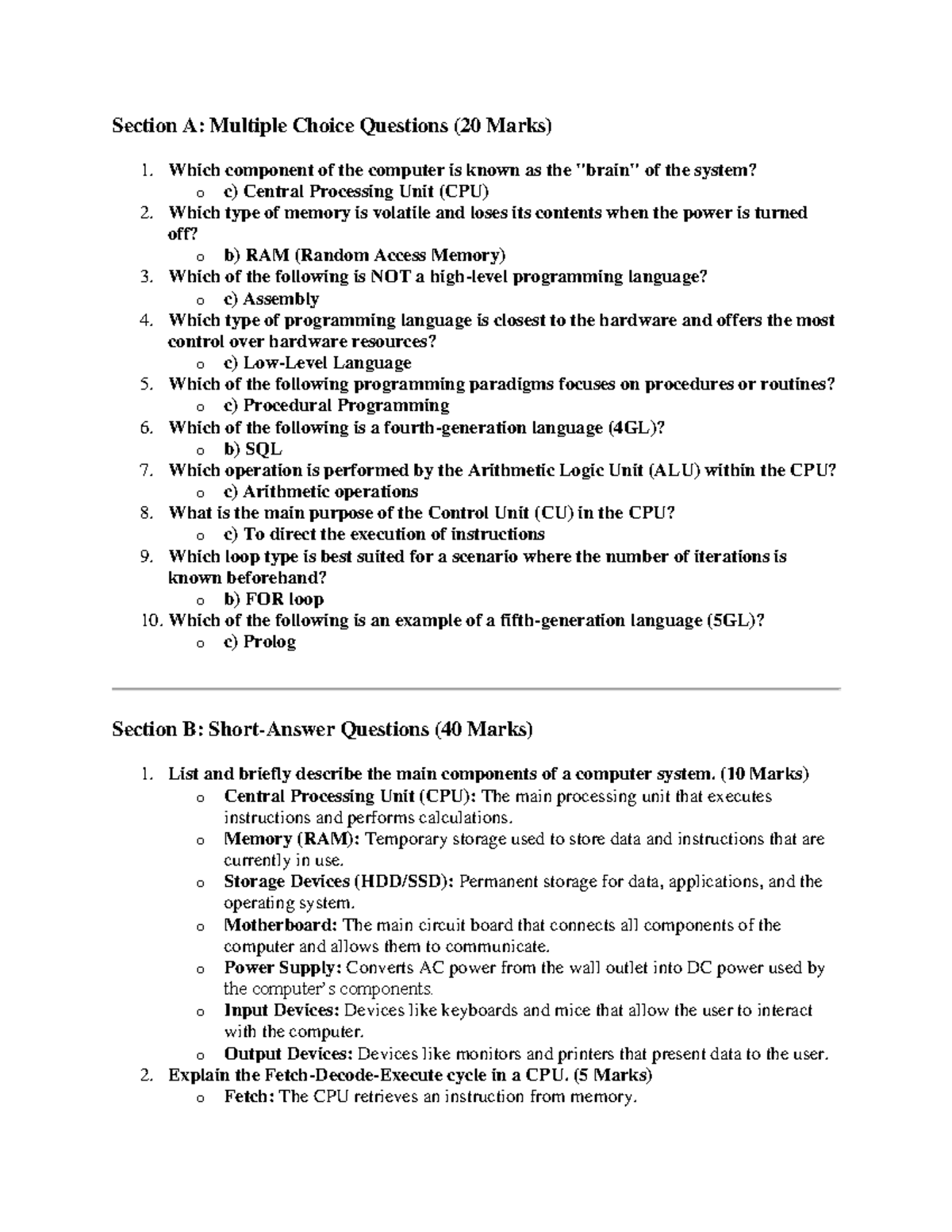 SD EXAM WEEK 1 WITH Answers - Section A: Multiple Choice Questions (20 Marks) 1. Which component ...