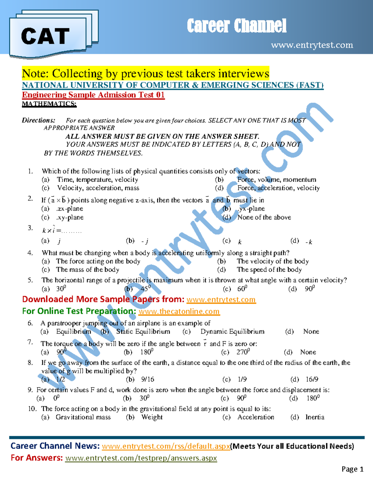 Fast engineering sample paper 01 - CAT entrytest Career Channel News ...
