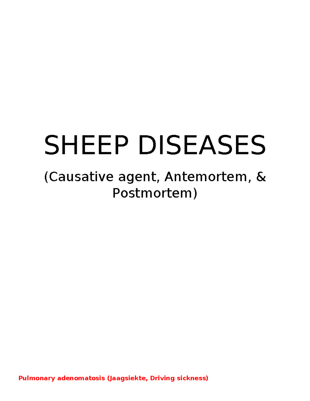 Sheep- Diseases - Lecture note - SHEEP DISEASES (Causative agent ...
