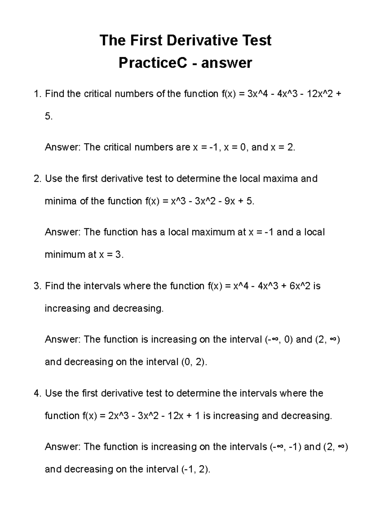 The First Derivative Test Practice C - answer - The First Derivative ...