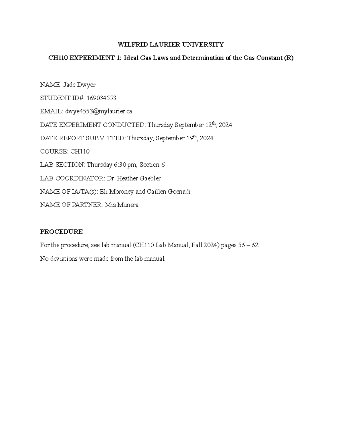 Experiment 1 Ideal Gas Laws - WILFRID LAURIER UNIVERSITY CH110 ...