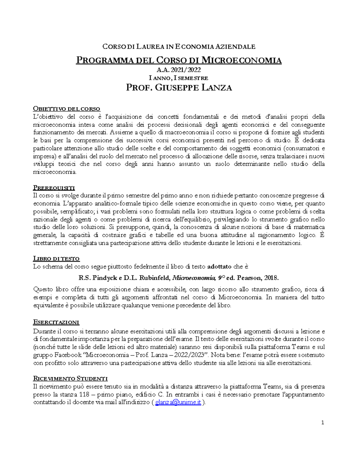 Programma microeconomia a.a. 2022 - 2023 - CORSO DI LAUREA IN ECONOMIA ...