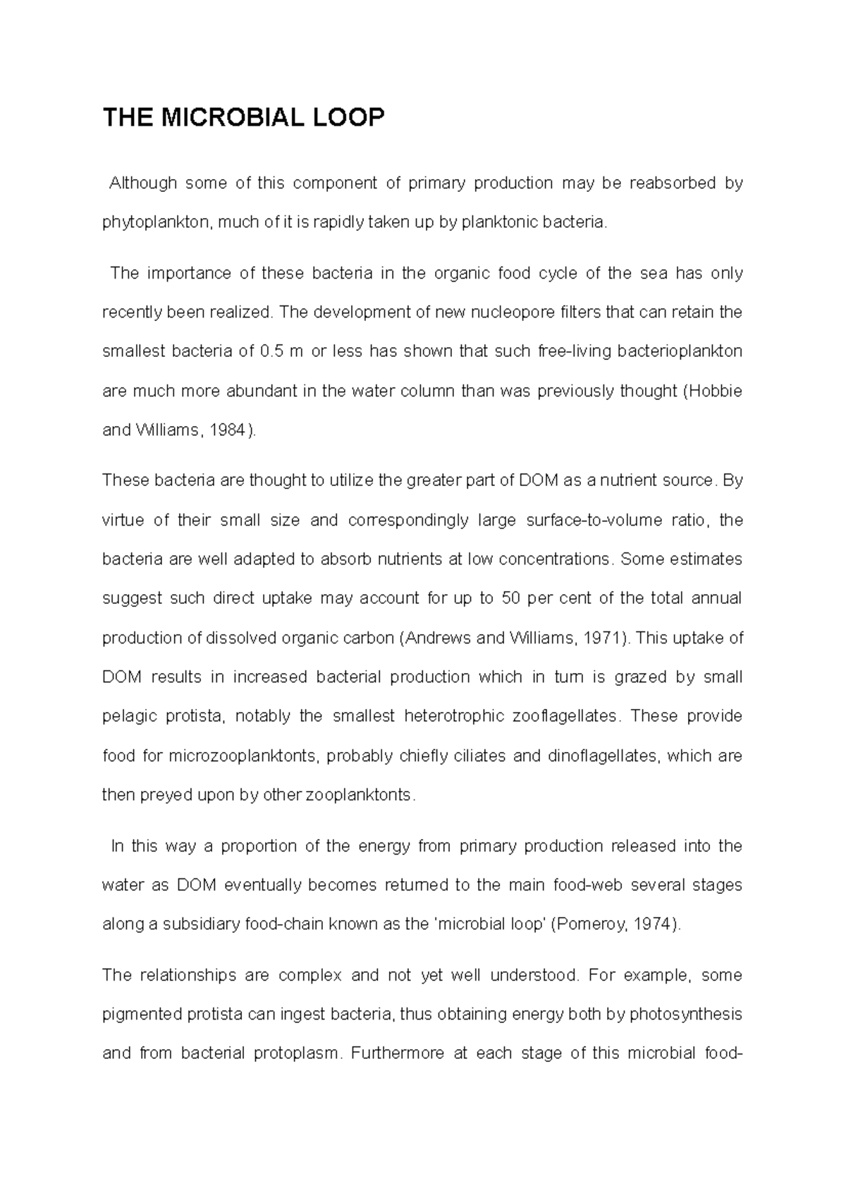 Lecture Notes THE Microbial LOOP - THE MICROBIAL LOOP Although some of ...