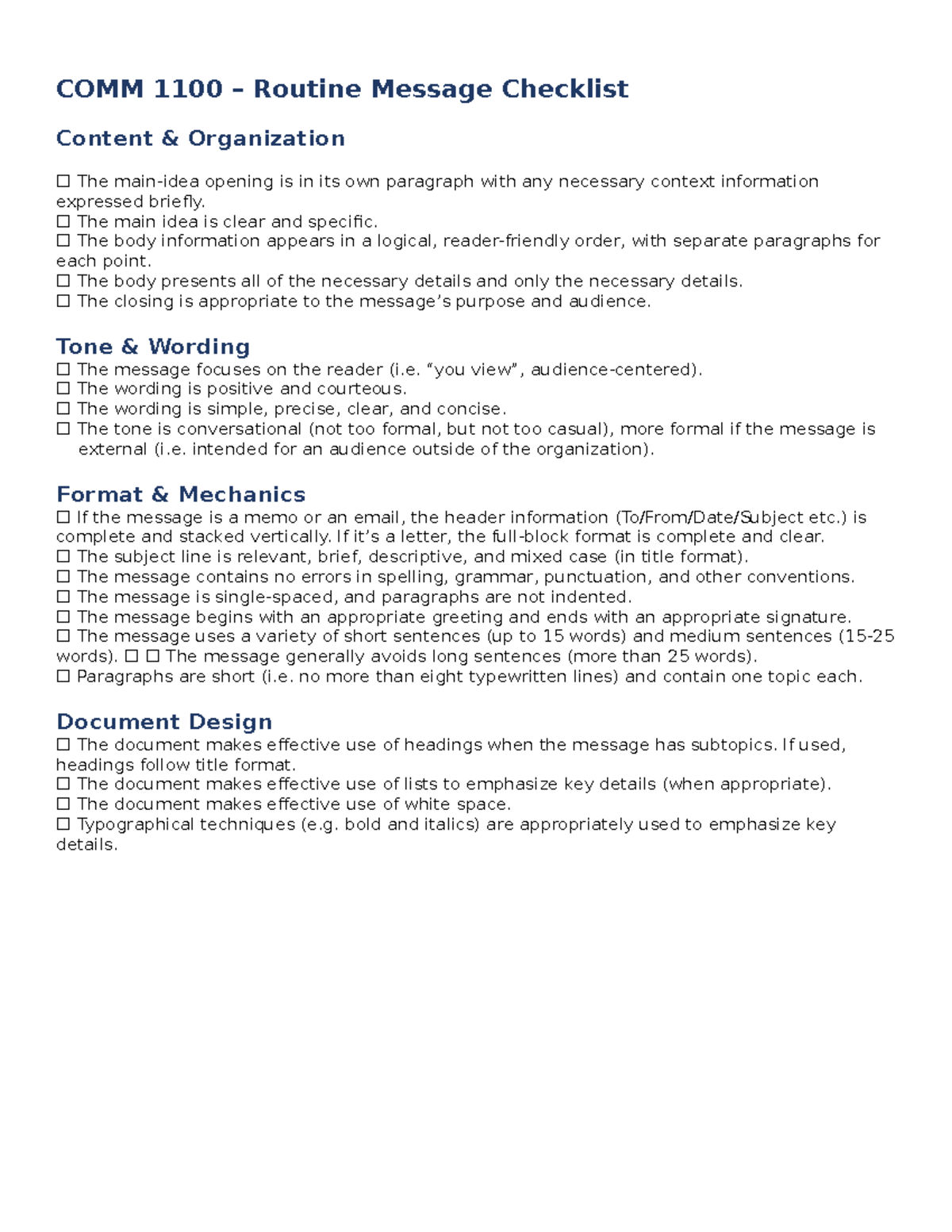 Routine Message Checklist - COMM 1100 – Routine Message Checklist ...