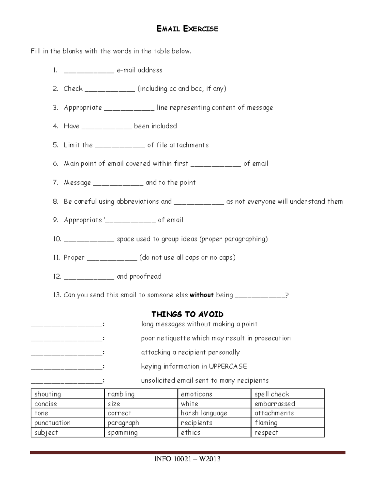 Email Exercise - notes - INFO 10021 – W EMAIL EXERCISE Fill in the ...