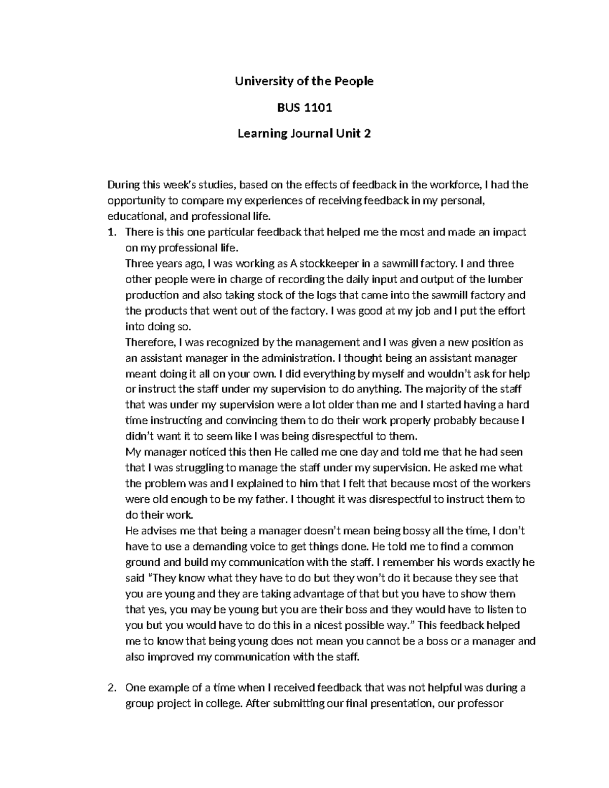 Learning Journal Unit 2 - University of the People BUS 1101 Learning ...