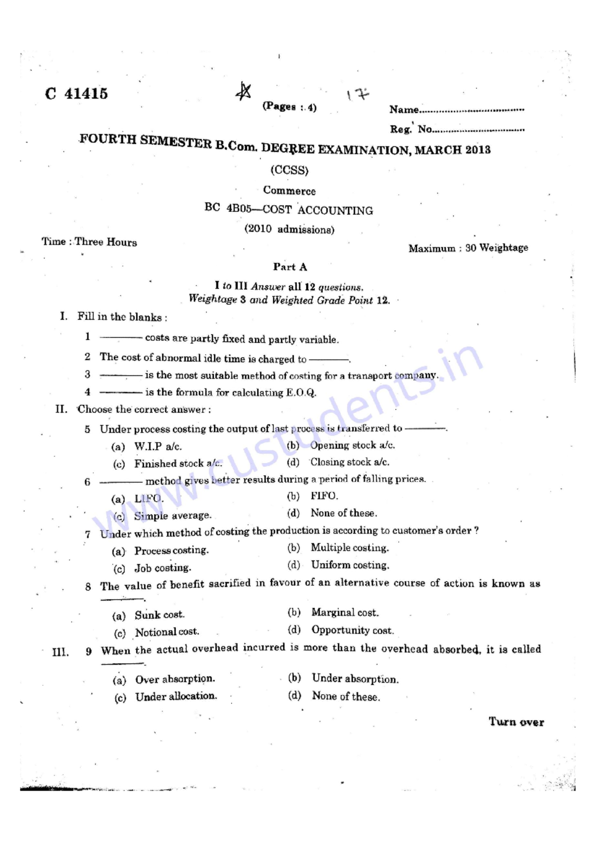 S4y13a CA - It’s cost accounting question paper.it’s help exam - Cost ...