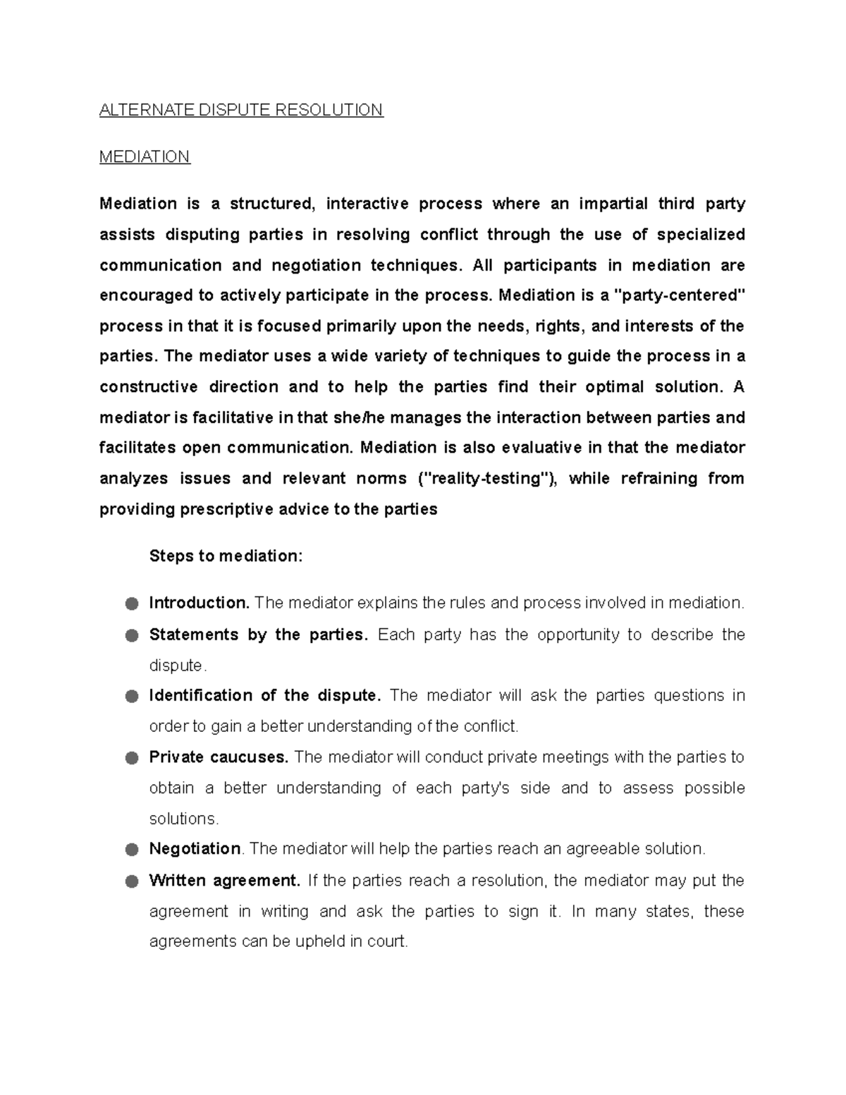 ADR - Mediation Notes - ALTERNATE DISPUTE RESOLUTION MEDIATION ...