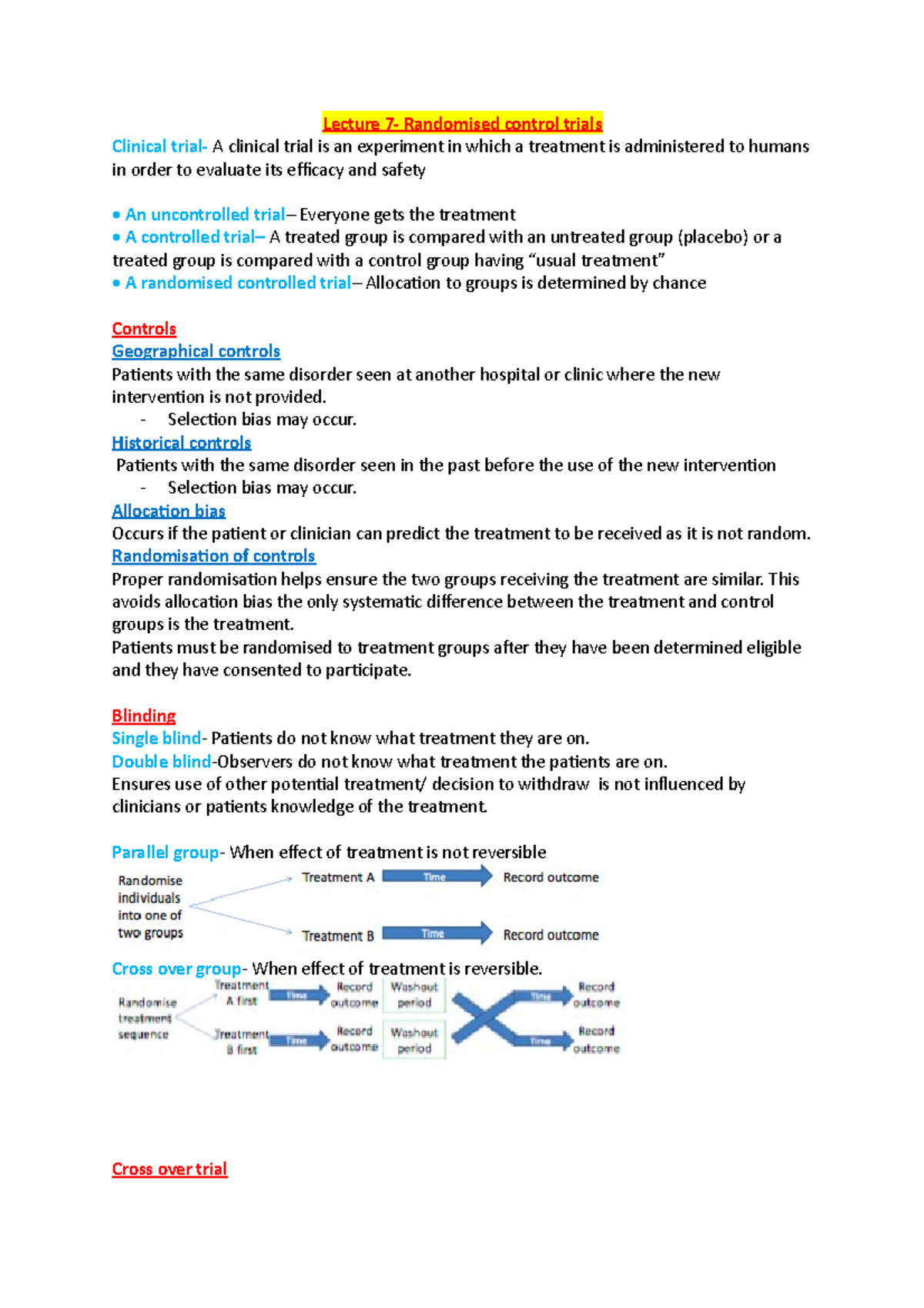 Lecture 7 - notes - Lecture 7- Randomised control trials Clinical trial ...