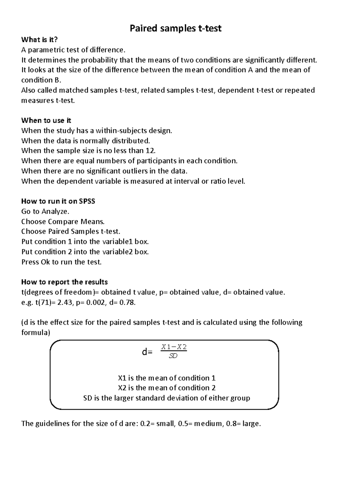 Paired samples t-test - Paired samples t-test What is it? A parametric ...