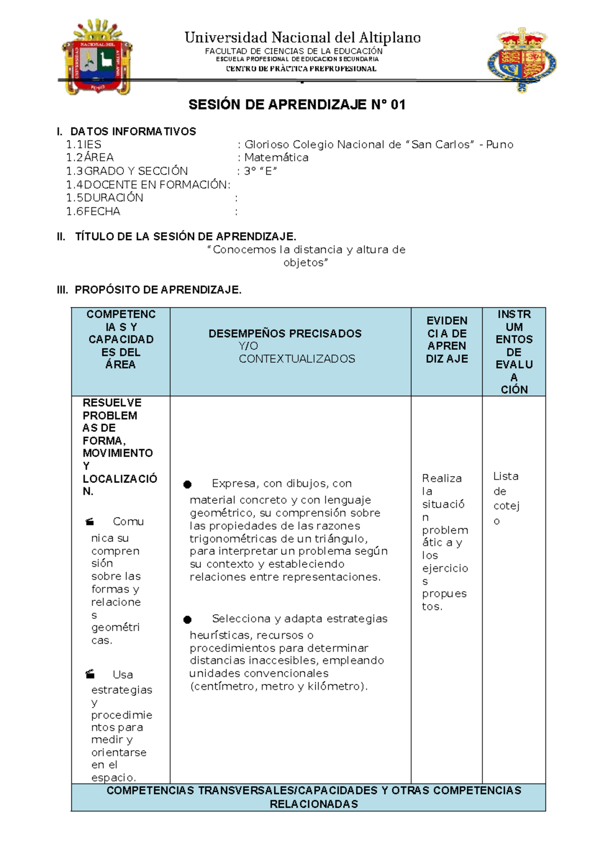 Modelo de sesion de aprendizaje - Universidad Nacional del Altiplano FACULTAD DE CIENCIAS DE LA ...