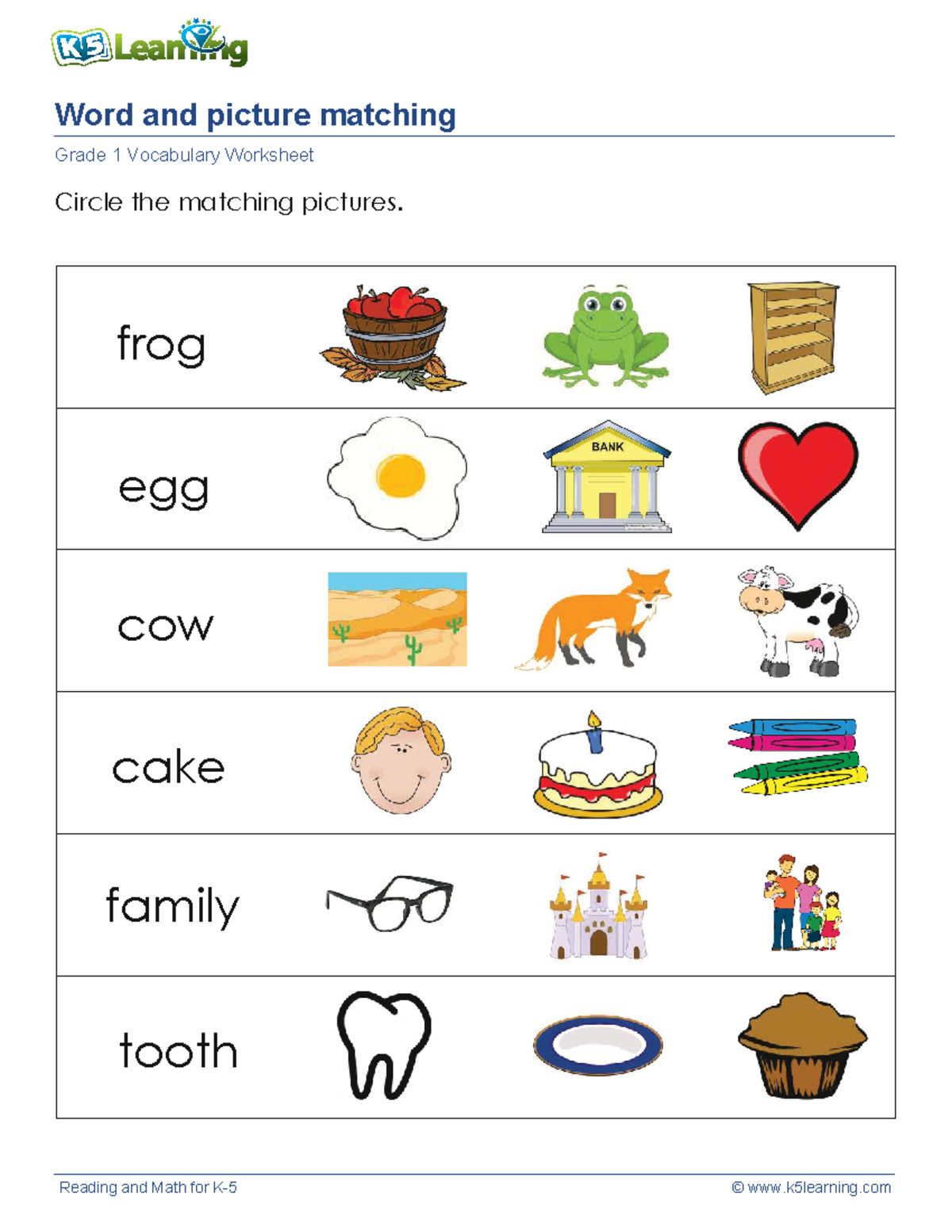Grade 1 match words pictures 3 - Secondary Education - Circle the ...
