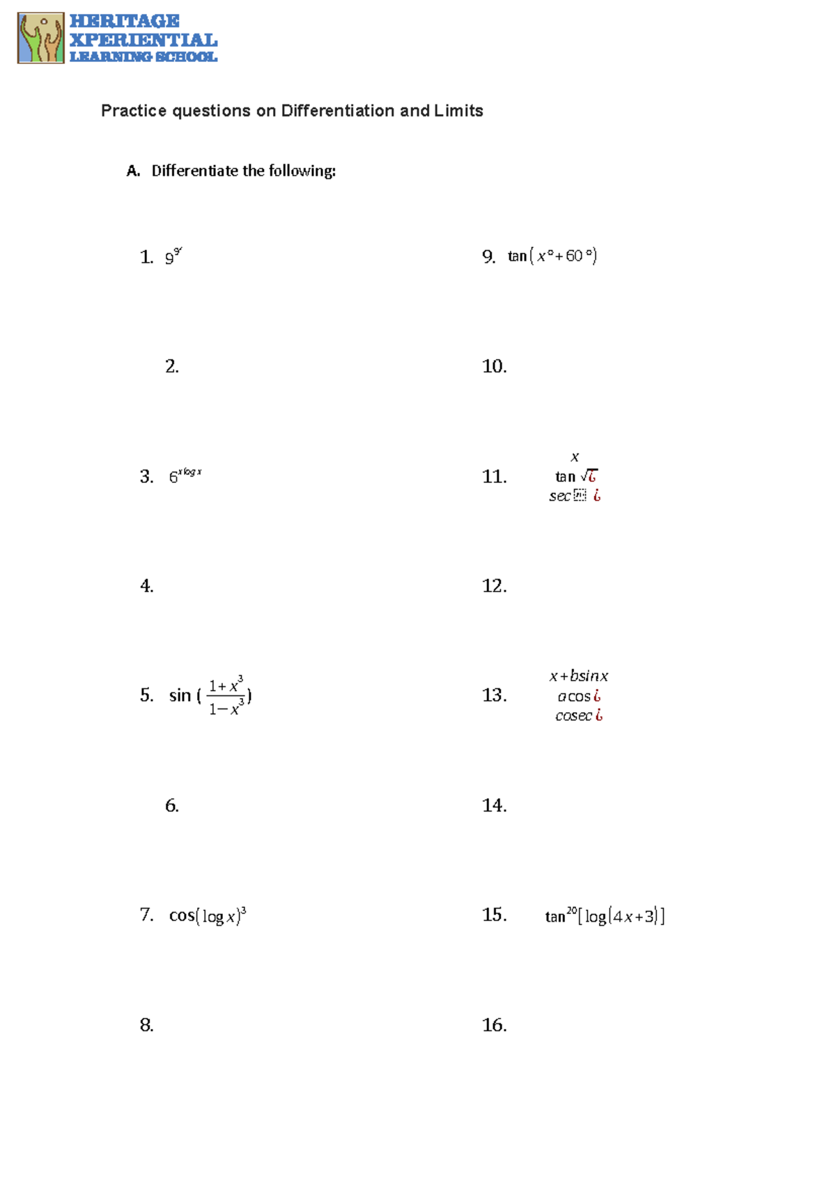 Math - .bhguyhijkl - Practice questions on Differentiation and Limits A ...