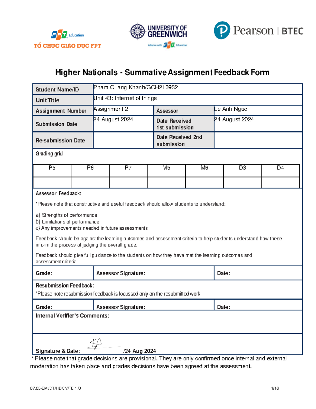ASM2-7481 - ASM - 07. 03 - BM/ĐT/HDCV/FE 1/0 1 / 18 Higher Nationals ...