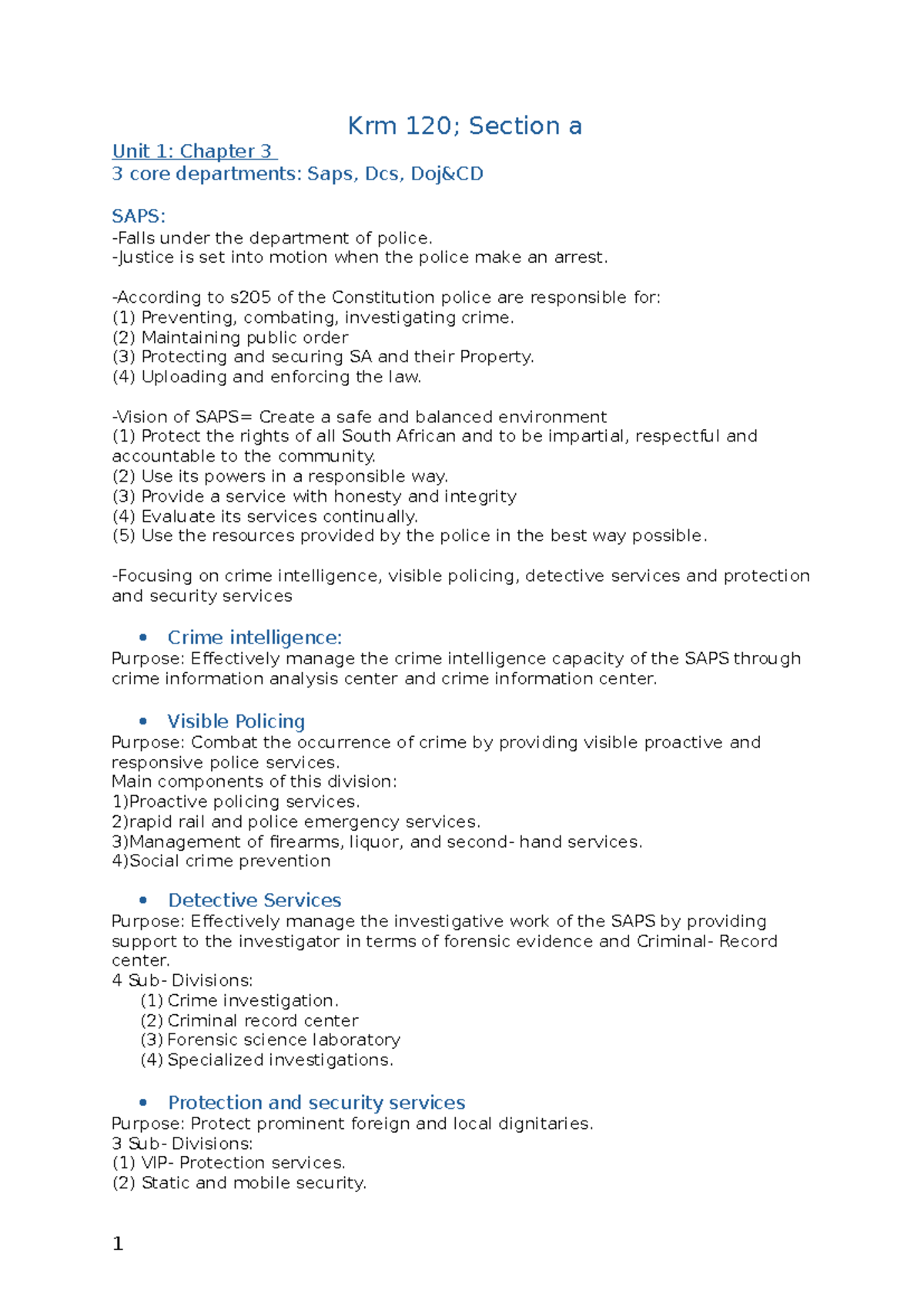 Krm 120 - SECTION A summaries - Krm 120; Section a Unit 1: Chapter 3 3 core departments: Saps ...